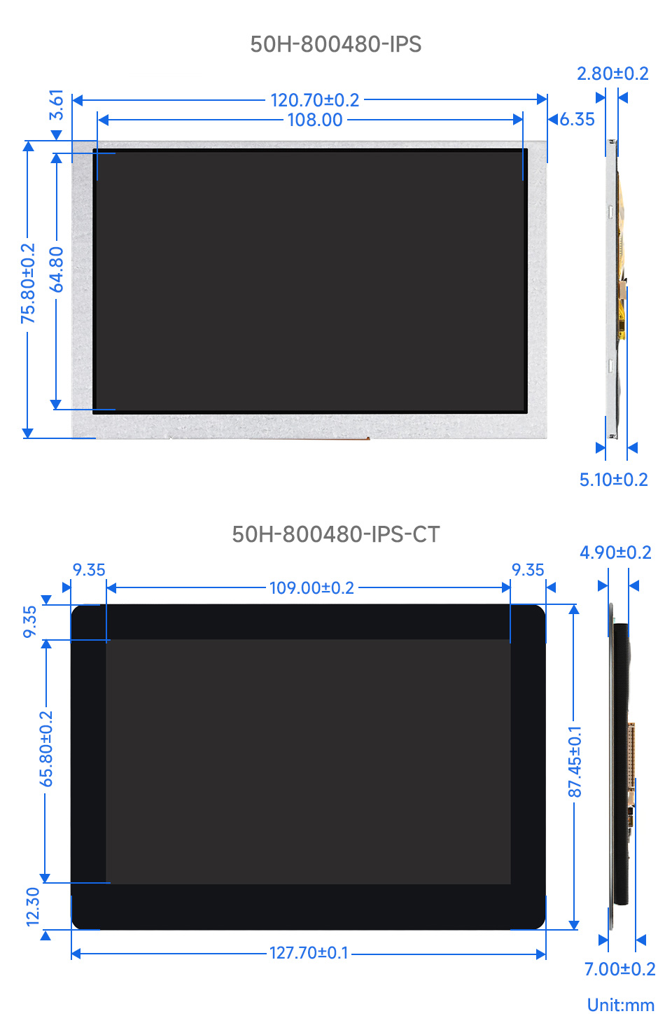 5寸DSI显示屏 800×480像素 轻薄屏设计 IPS显示面板