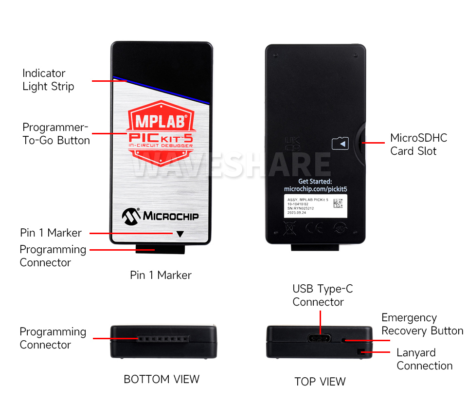 PICkit 5 仿真器 调试器 脱机烧录器 Type-C接口 离线烧录 支持MPLAB