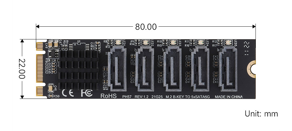 M.2 NGFF SATA 转 5 口 SATA3 扩展卡 JMB575 主控芯片