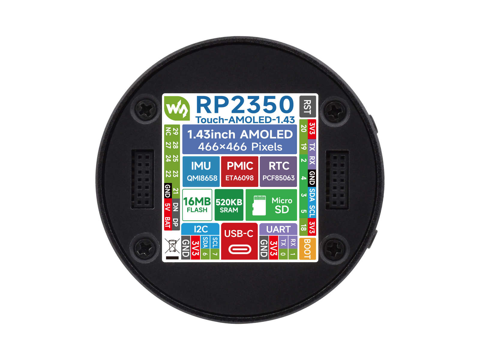 RP2350 1.43 英寸 AMOLED 触摸屏带外壳开发板 466×466像素 SPI接口 圆形屏 板载加速度/陀螺仪IMU传感器 RTC芯片